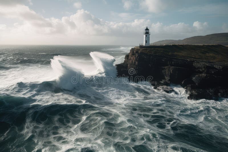 A Lighthouse Perched on the Edge of a Cliff, with Waves Crashing Below ...