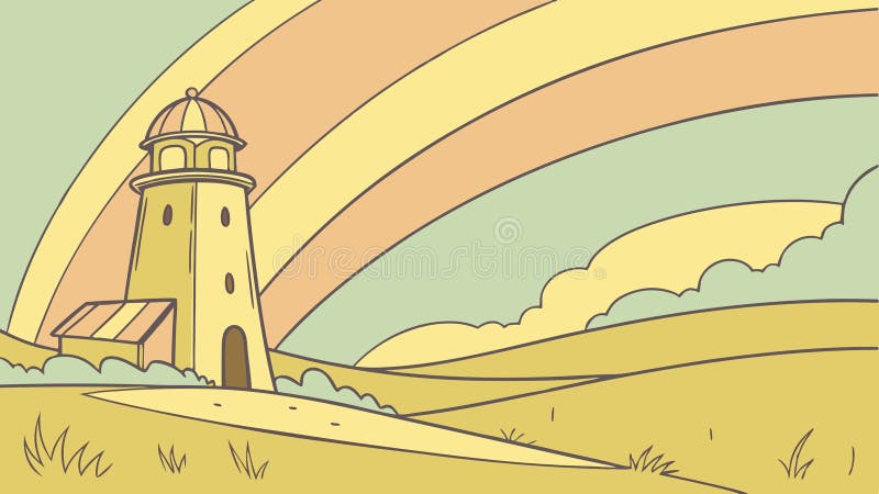 Lighthouse with Rainbow in Hilly Landscape, Flat Vector Illustration ...