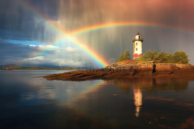Lighthouse with Rainbow after a Rainstorm Stock Illustration ...