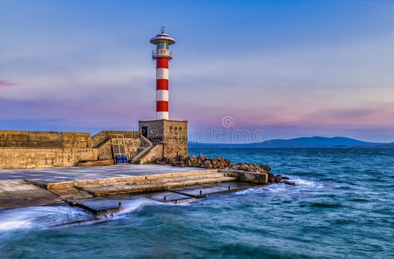 The Lighthouse is Ready To Meet the Ships at Night Stock Image - Image ...