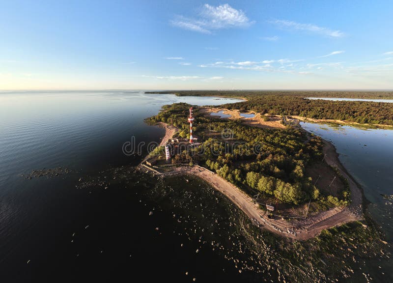 Lighthouse, Red Striped House on the Beach of the Island, Top View from ...