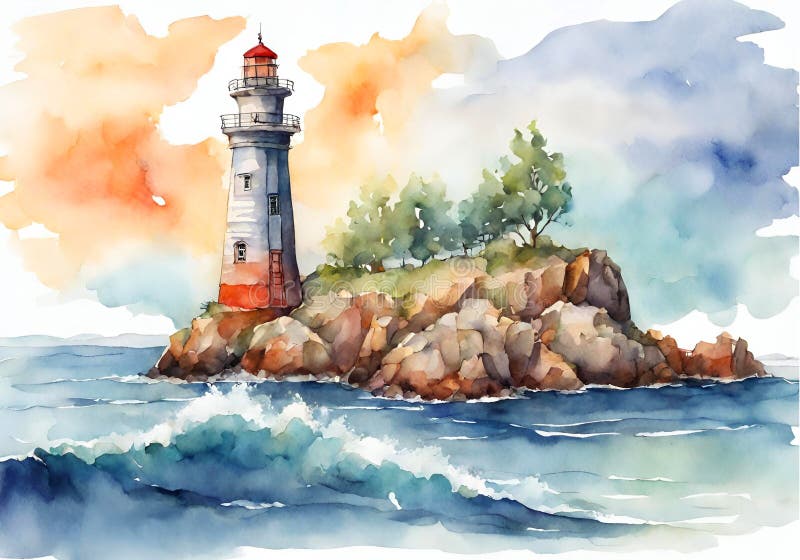 Watercolor Illustration of a a Lighthouse on the Reefs. Stock ...