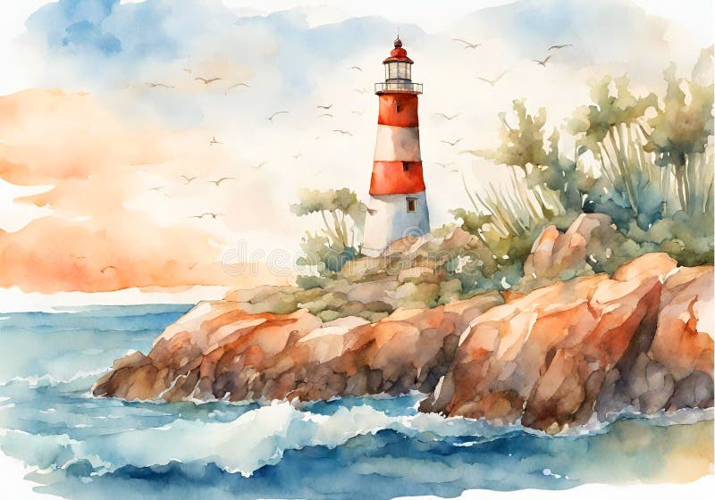 Watercolor Illustration of a a Lighthouse on the Reefs. Stock ...