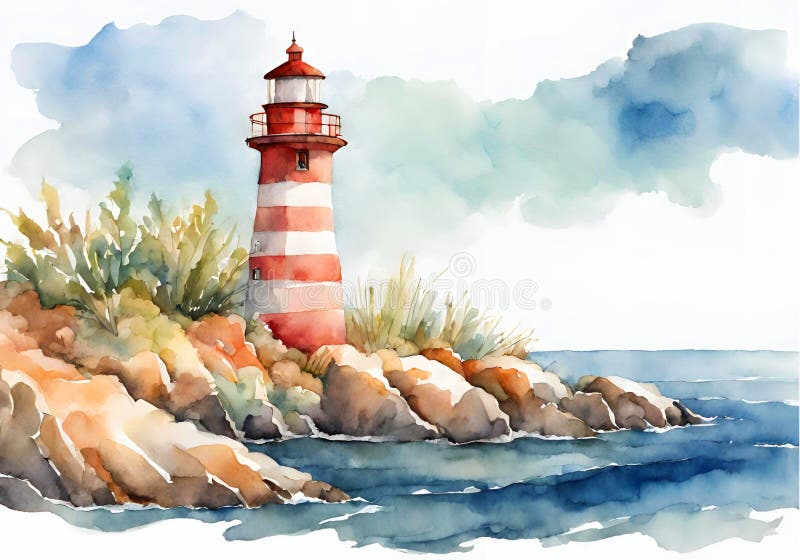 Watercolor Illustration of a a Lighthouse on the Reefs. Stock ...