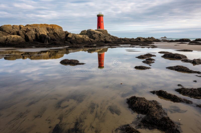 Lighthouse Reflected in Tidal Pools during Low Tide Stock Illustration ...