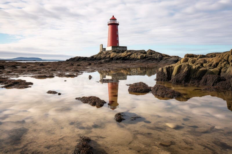 Lighthouse Reflected in Tidal Pools during Low Tide Stock Illustration ...