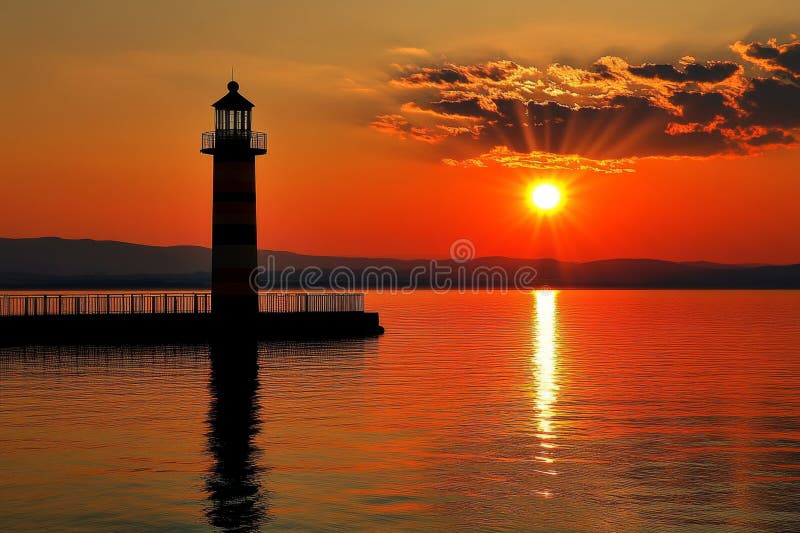 Lighthouse Reflecting on Calm Water at Sunset with Sunrays Stock Image ...