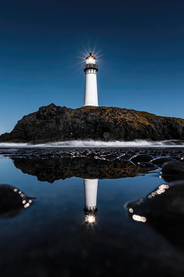 Lighthouse Reflection Against Night Sky on Rocky Coast Stock Photo ...