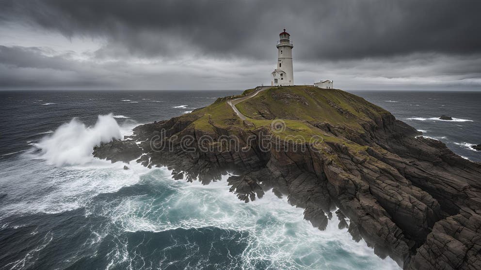 Lighthouse on a Remote Island Stock Illustration - Illustration of ...