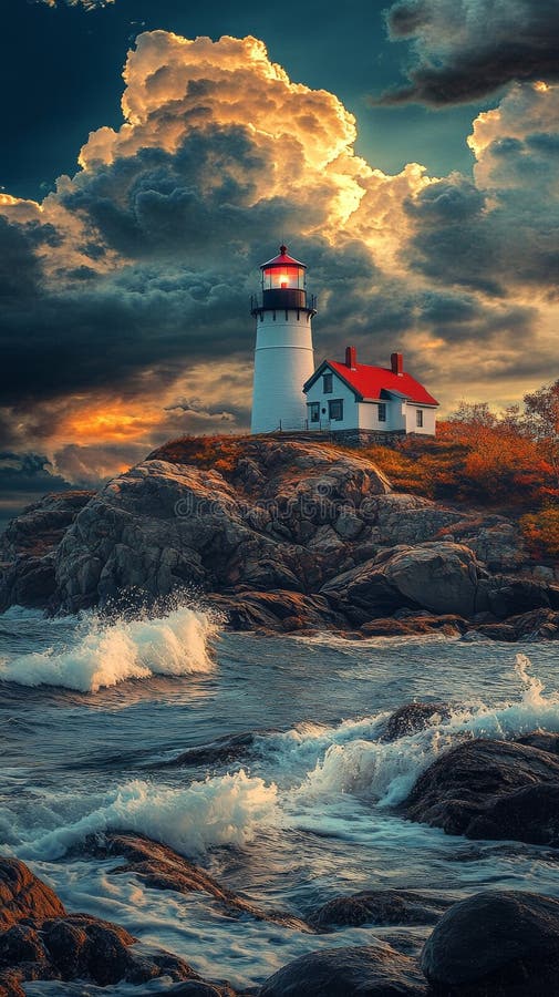 A Lighthouse Rises High Against a Vivid Sunset, Casting Its Light Over ...