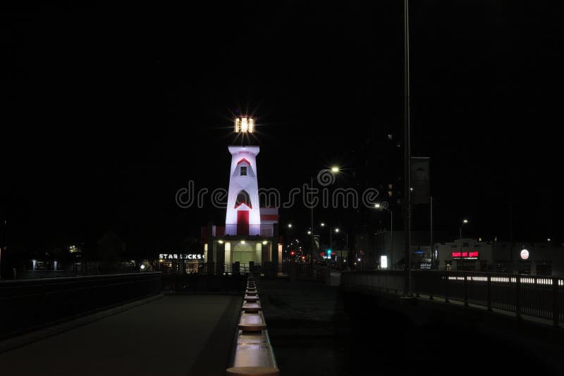 Lighthouse, River and Night City. Stock Photo - Image of bridge, light ...