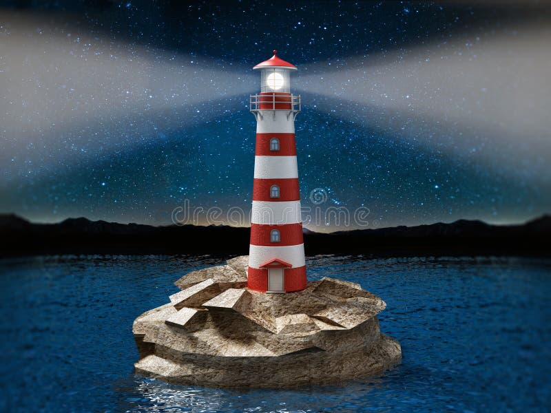 Lighthouse on the Rock Illuminating the Darkness. 3D Illustration Stock ...