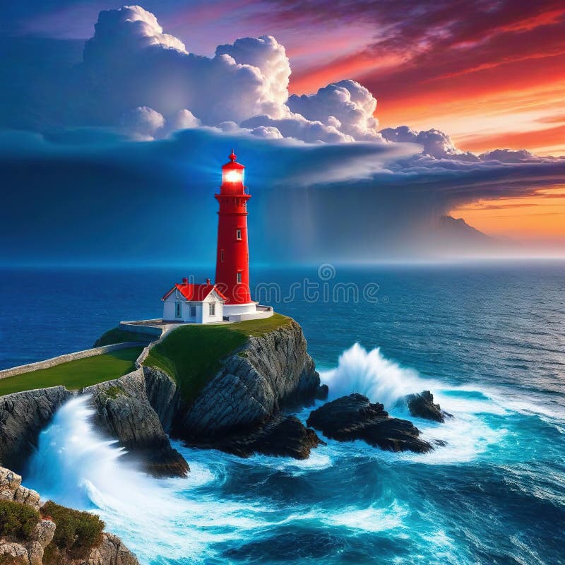 Lighthouse on Rock in the Middle of Stock Illustration - Illustration ...