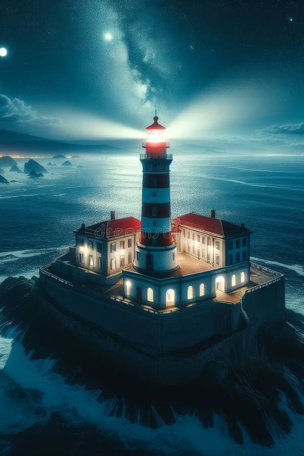 Lighthouse is on a Rock in the Ocean Stock Image - Image of night, rock ...