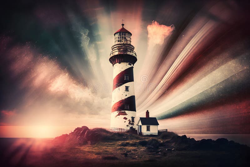 Lighthouse on the Rock with Rays of Light Coming from the Sea Stock ...