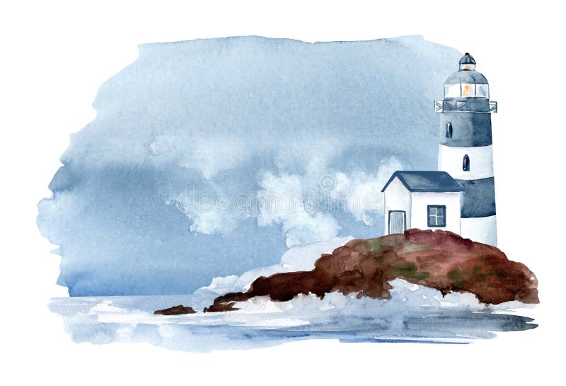 Lighthouse on the Rocks. Blue Splashes of Water Stock Illustration ...