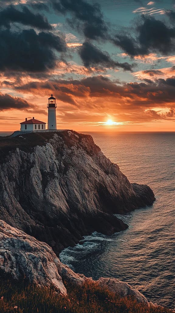 A Lighthouse on a Rocky Cliff during Sunset. Stock Image - Image of ...