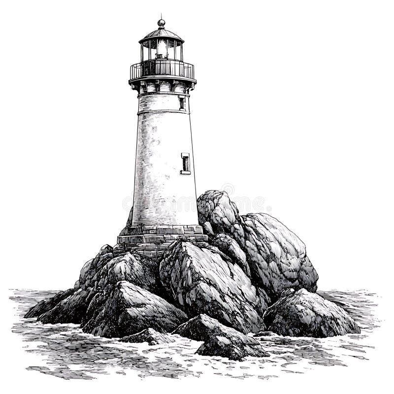 Lighthouse on Rocky Coast, Monochrome Drawing Stock Illustration ...