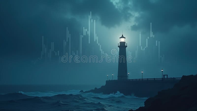 Lighthouse and Coastline with Candlestick Graph Overlay, Night Stock ...