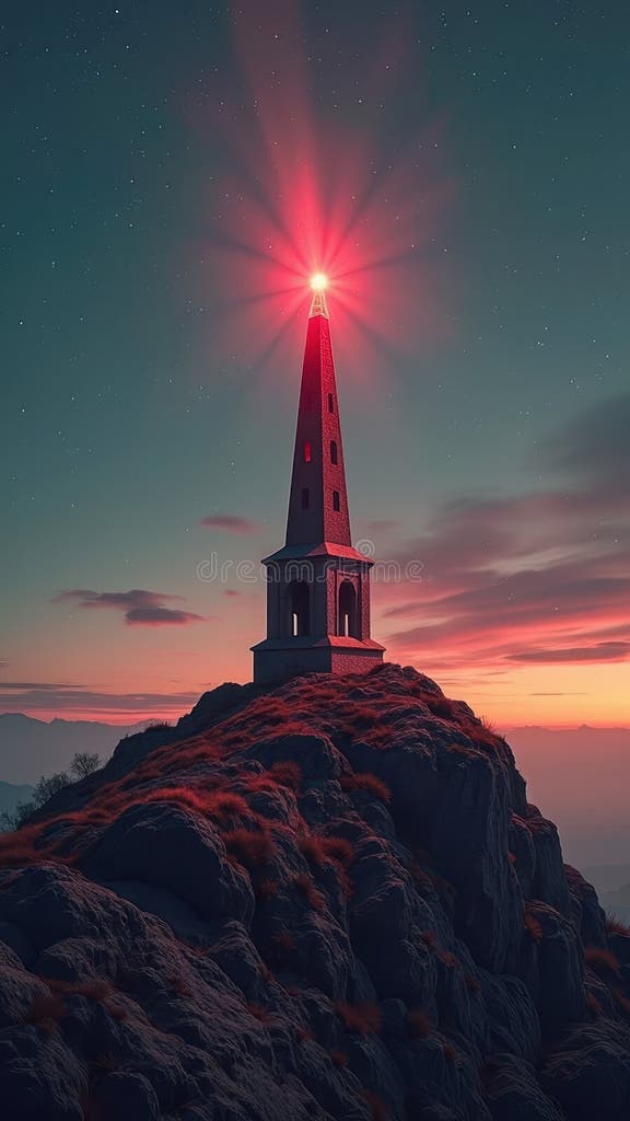Lighthouse on Rocky Hill at Sunset with Glowing Red Beacon Under Starry ...