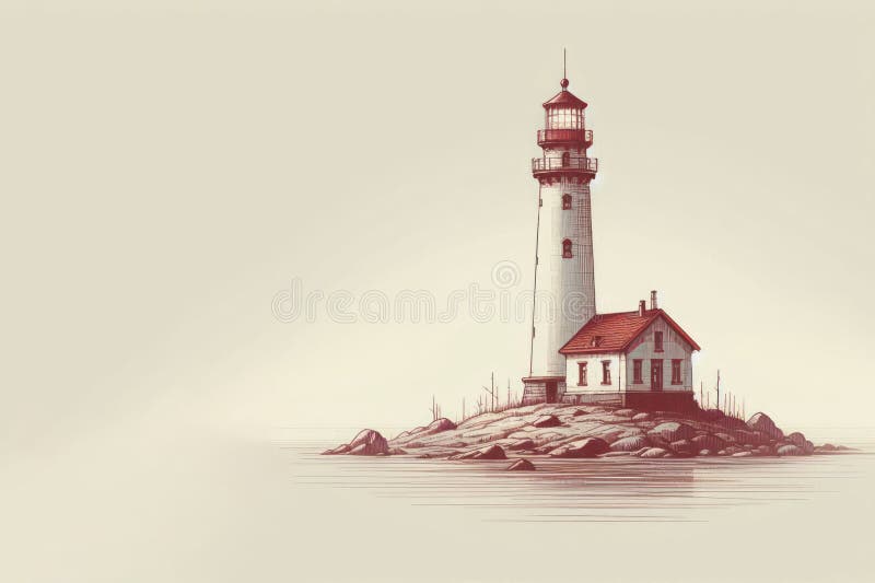 Lighthouse on a Rocky Island, Vintage Style. Space for Text. Stock ...
