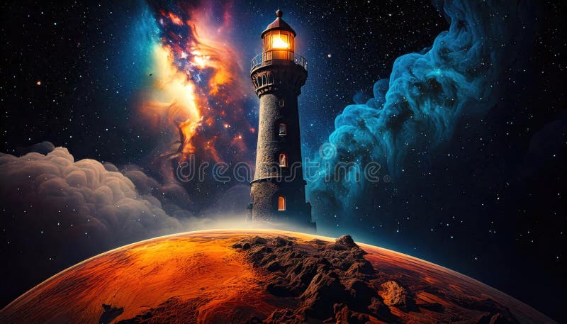 Lighthouse on a Rocky Planet Under a Surreal, Colorful Space Scene ...