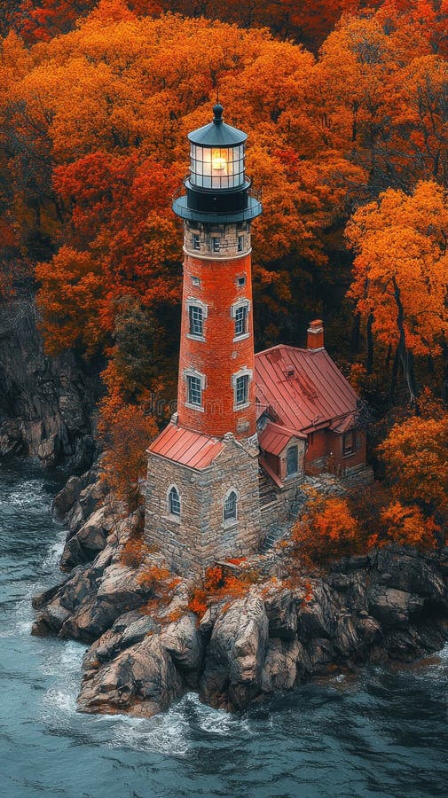 Lighthouse on a Rocky Shore with Autumn Foliage - a Realistic Image ...
