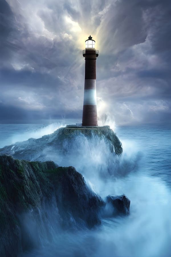 Lighthouse and Rough Sea Around, Storm with High Sea Waves. Generative ...