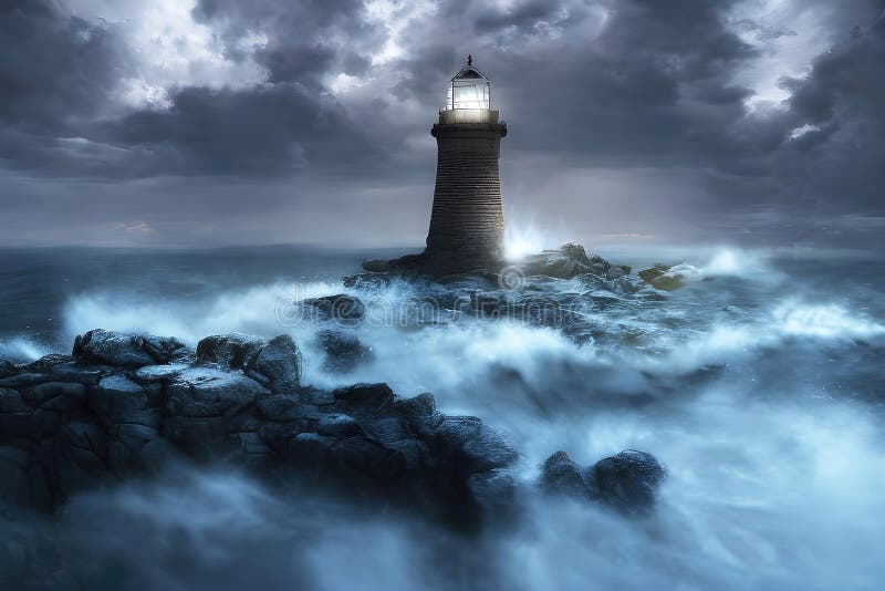Lighthouse and Rough Sea Around, Storm with High Sea Waves. Generative ...