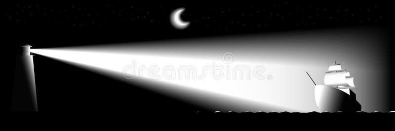 Lighthouse and Sailing Ship at Night. Stock Vector - Illustration of ...