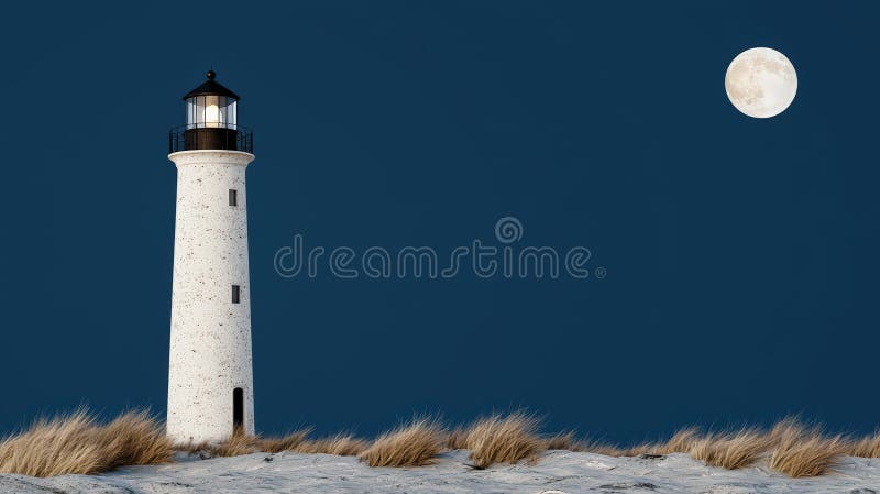 Lighthouse on Sandy Shore Illuminated by a Full Moon at Night Stock ...