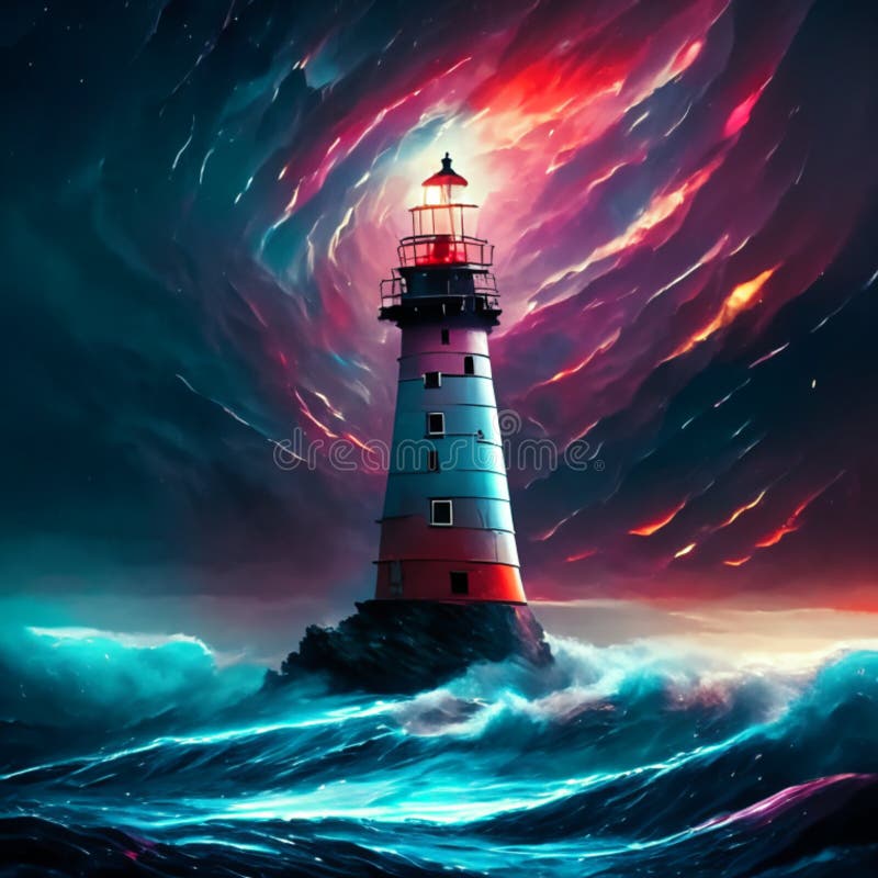 Lighthouse on the Sea at Night, 3d Rendering. Computer Digital Drawing ...