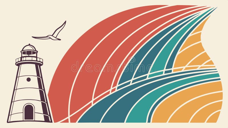 Lighthouse by the Sea with Rainbow Sky and Waves Vector Design ...