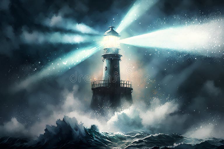 Lighthouse in the Sea with Rays of Light. 3d Rendering Stock ...