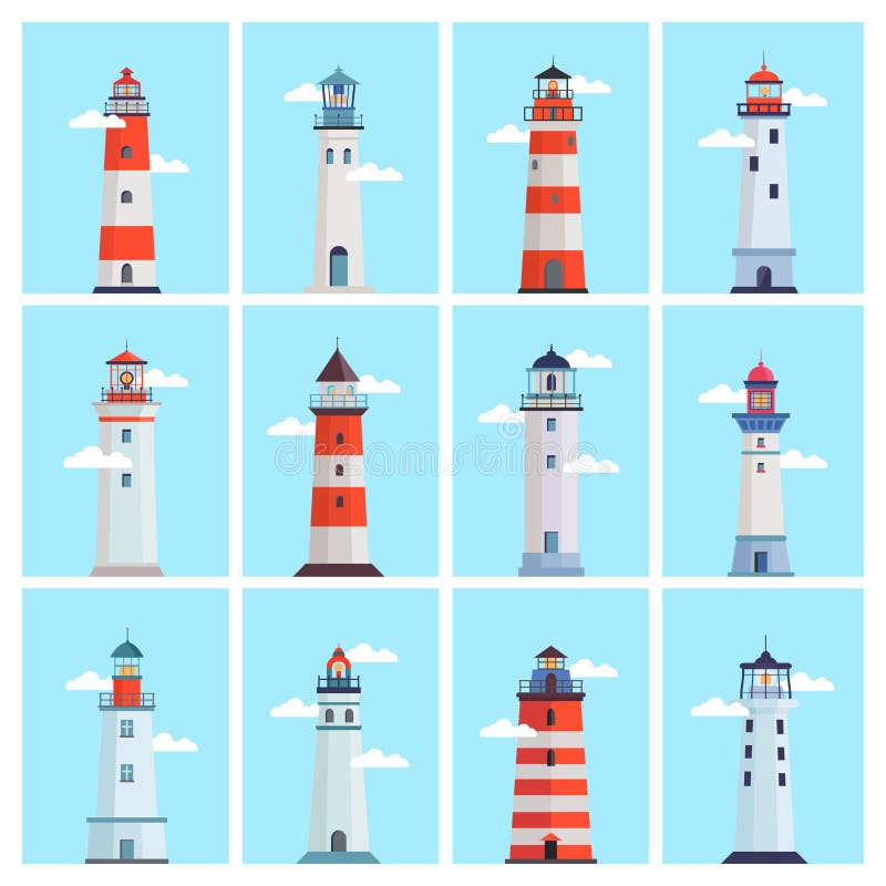 Lighthouse Sea Set. Tower with a Spotlight on the Coast for Marine ...