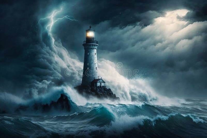 Lighthouse in the Sea Storm with Big Waves. Generative AI Stock ...