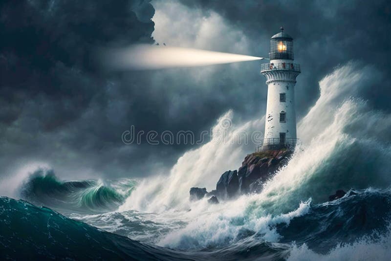 Lighthouse in the Sea Storm with Big Waves. Generative AI Stock ...