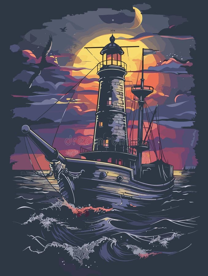 Lighthouse on the Sea at Sunset. Vector Illustration in Retro Style for ...