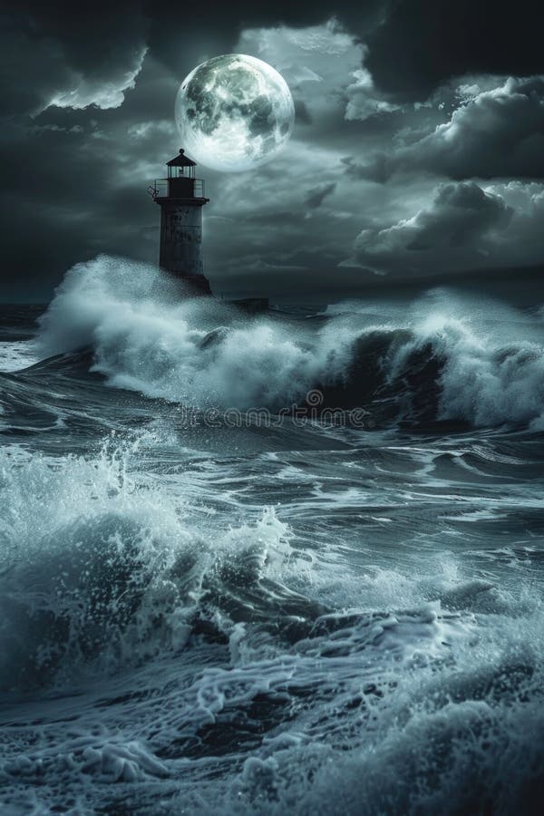 Lighthouse at Sea Under Full Moon Stock Image - Image of night, beacon ...