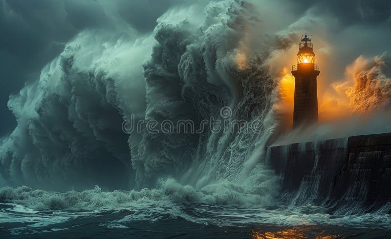Lighthouse on the Sea Under Sky. Lighthouse Hit by Huge Wave Stock ...