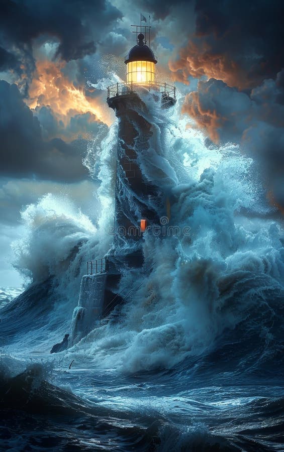 Lighthouse on the Sea Under Sky. Lighthouse Hit by Huge Wave Stock ...