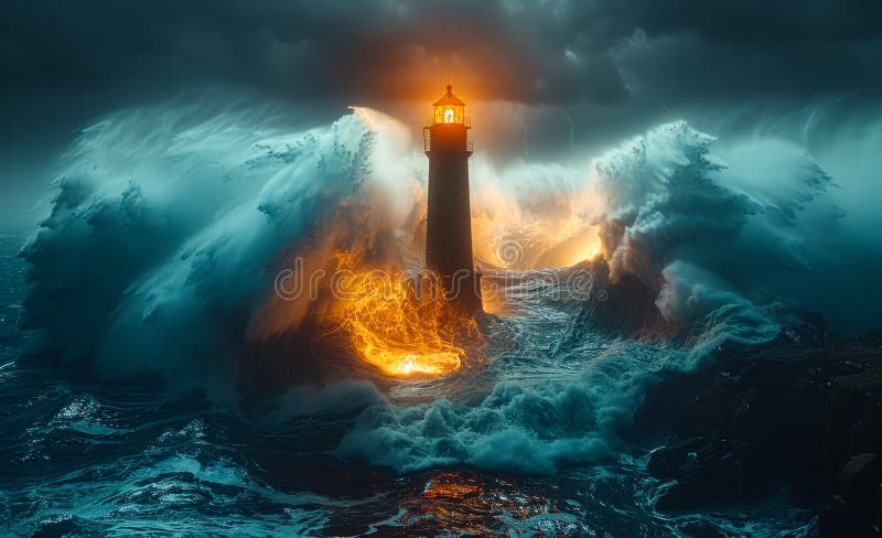 Lighthouse on the Sea Under Sky. Lighthouse Hit by Huge Wave Stock ...