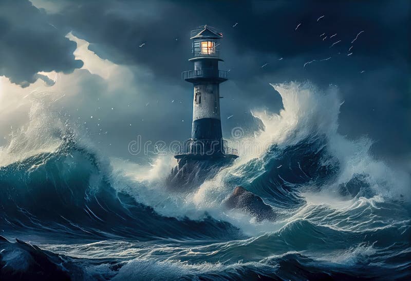 Lighthouse in the Sea Under a Storm. Ia Generative. Stock Illustration ...