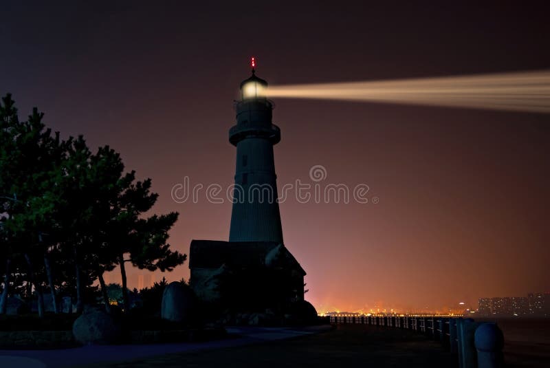 Lighthouse Searchlight. Night Marine Embankment of Weihai Stock Photo ...