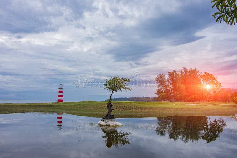 Lighthouse Seascape Sun Flare and Stock Photo - Image of landscape ...