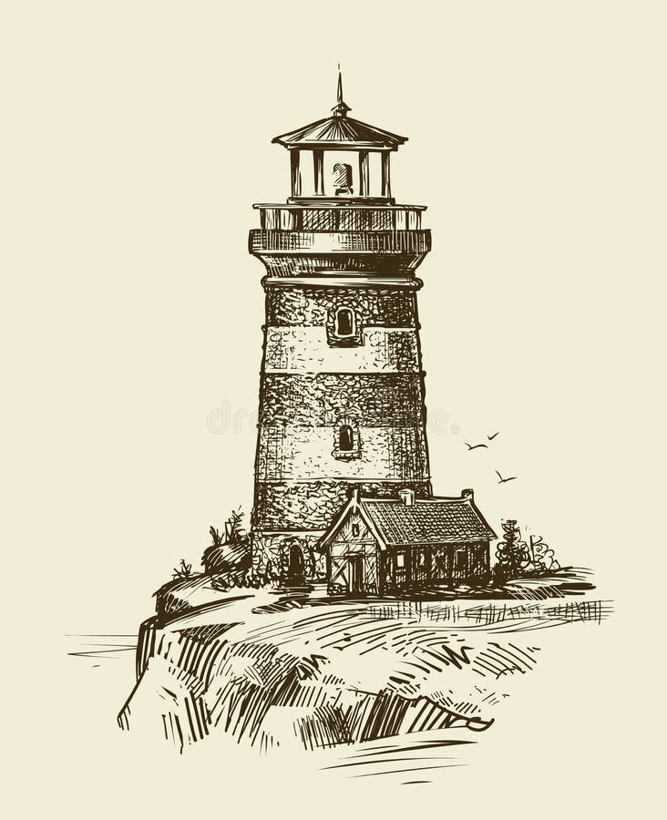 Lighthouse on Seashore, Sketch. Seascape Vintage Vector Illustration ... Lighthouse on Seashore, Sketch. Seascape Vintage Vector Illustration ...