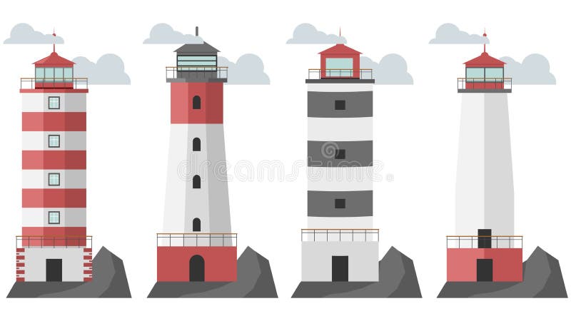 Lighthouse. Set of Realistic Lighthouses on a Rock with Gray Clouds ...