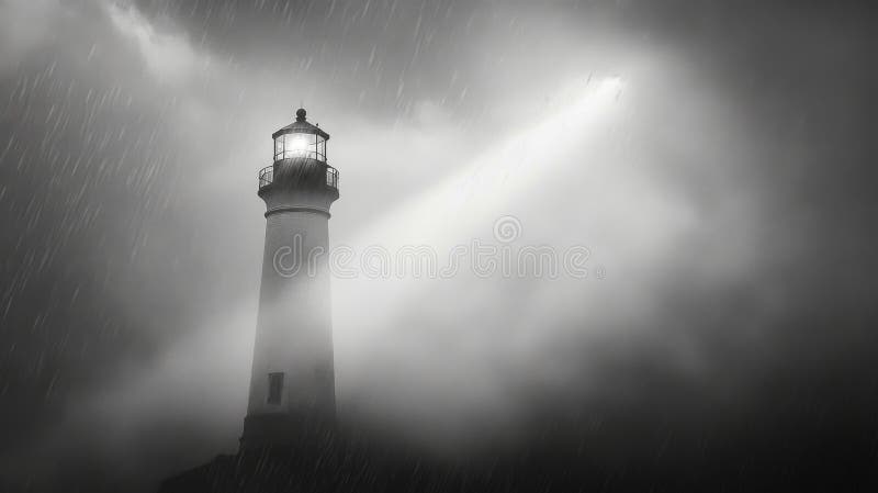 A Lighthouse Shining Brightly through Rain and Fog Stock Illustration ...