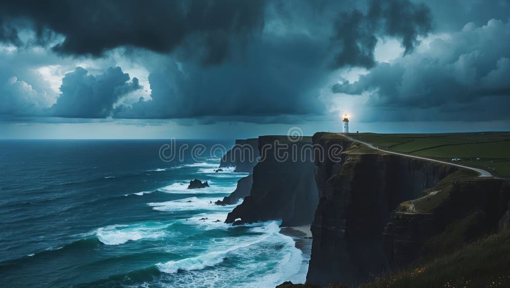 Lighthouse on Dramatic Coastal Cliffs Under a Stormy Sky Stock ...