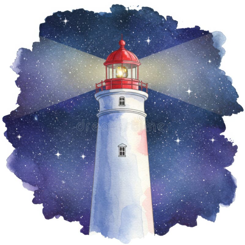 Lighthouse Shining at Night Under Starry Sky Stock Illustration ...